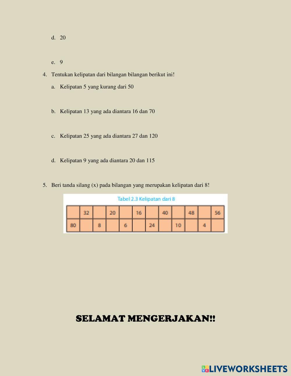 Faktor dan kelipatan bilangan | Live Worksheets