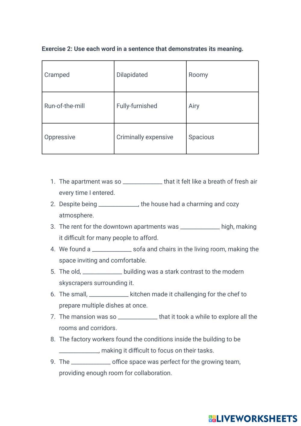 Accommodation: describing adjectives | Live Worksheets
