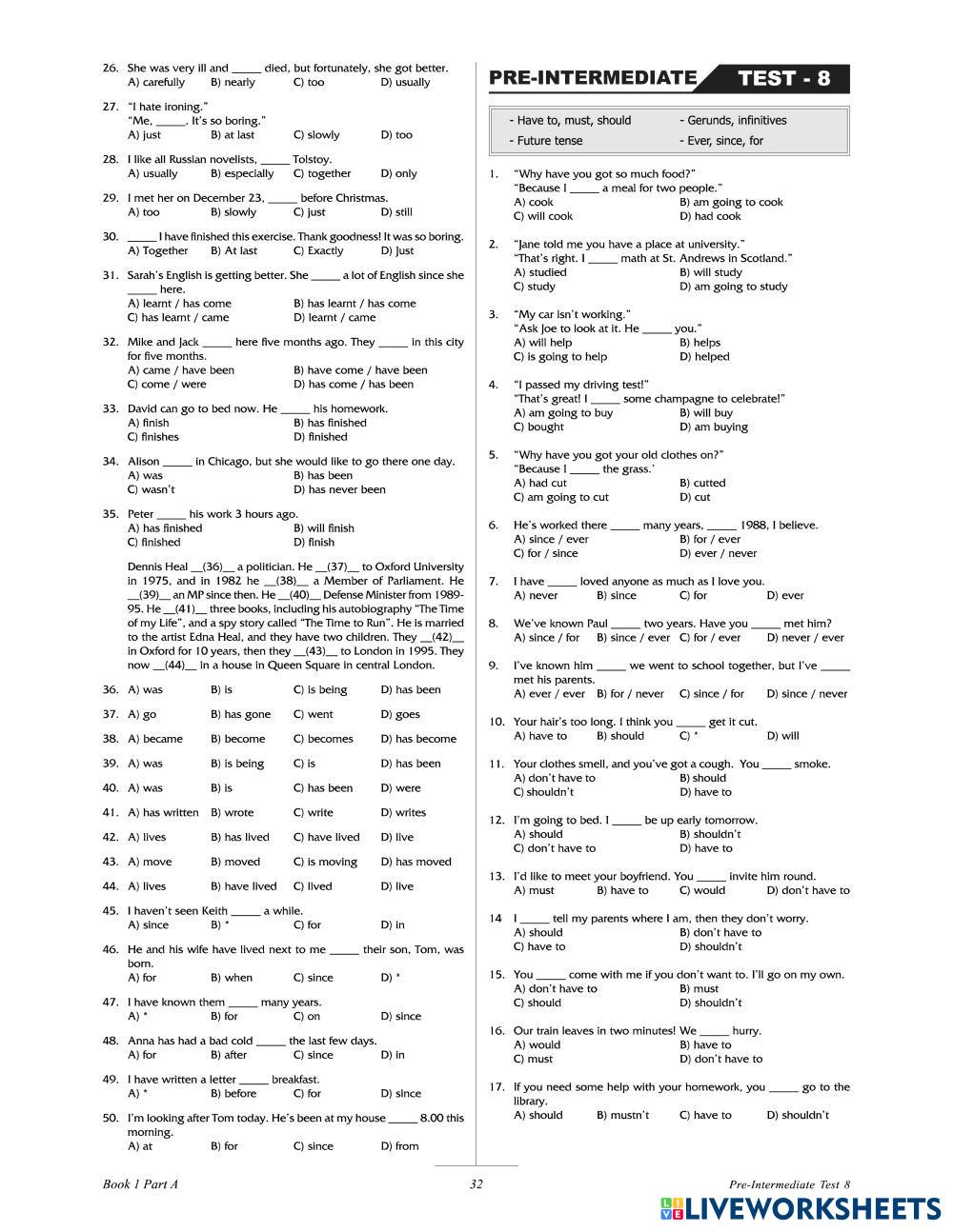 Part A - Pre Intermediate - Test 8 | Live Worksheets