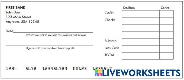 Deposit Slip | Live Worksheets
