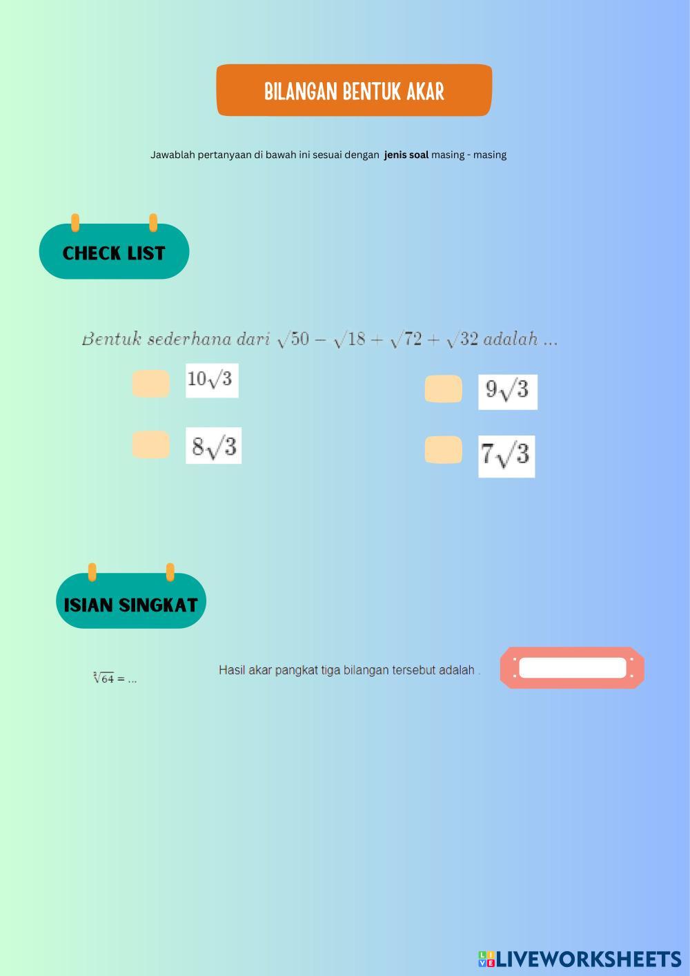 BILANGAN BENTUK AKAR | Live Worksheets