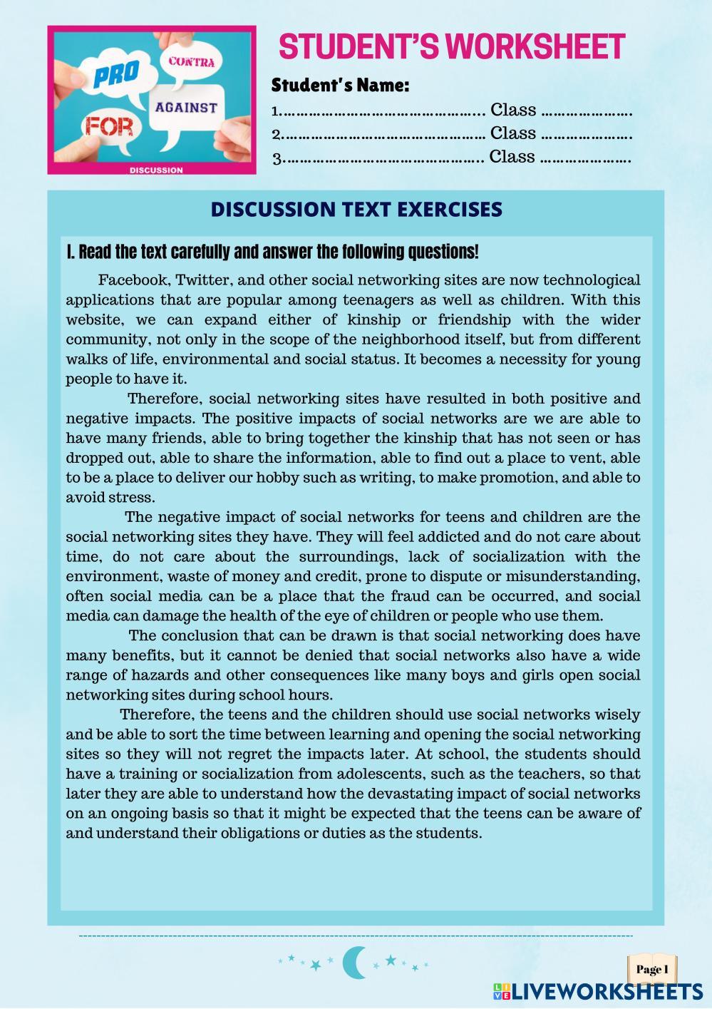 Discussion text… | Free Interactive Worksheets | 7395633