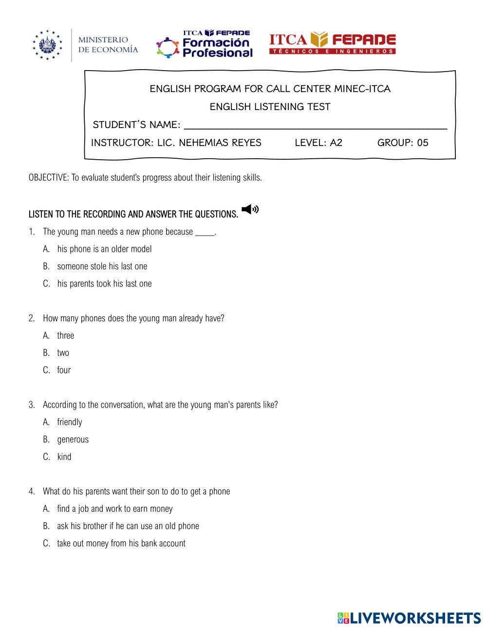 LISTENING TEST | Live Worksheets