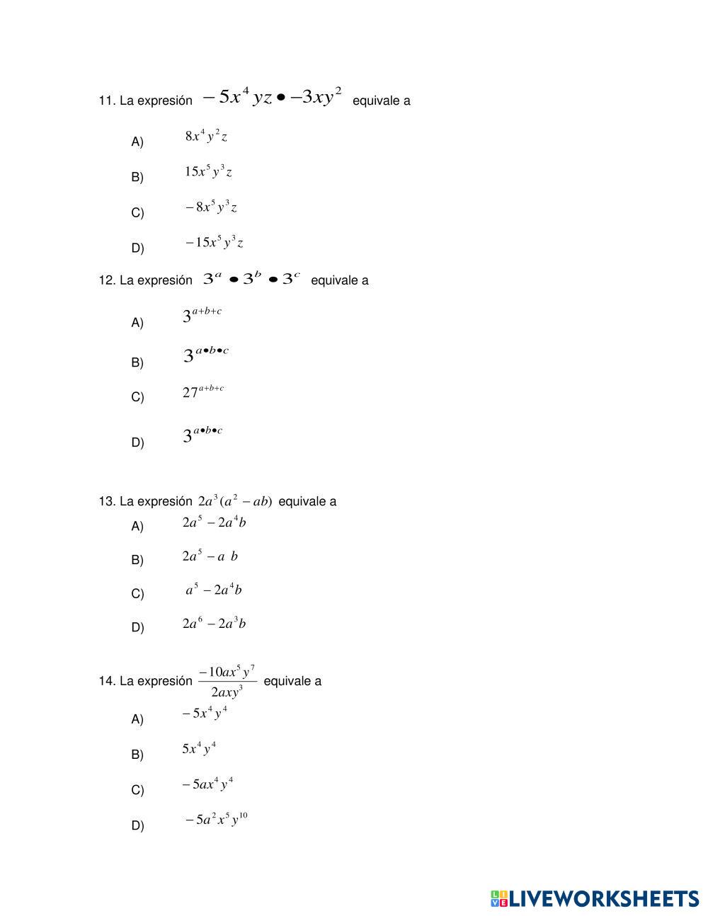 Operaciones alg… | Free Interactive Worksheets | 7397638