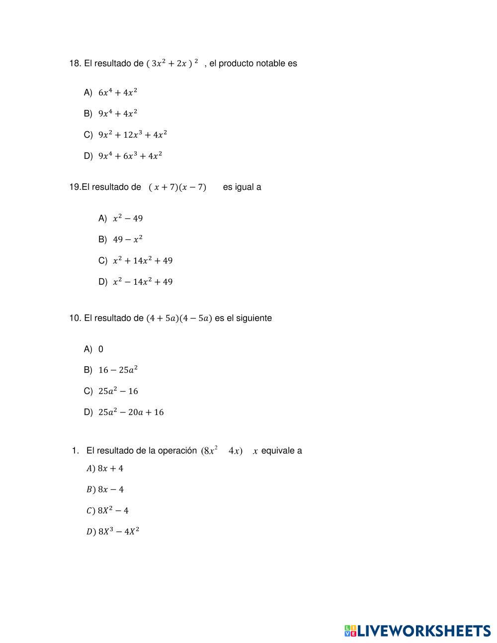 Operaciones alg… | Free Interactive Worksheets | 7397638