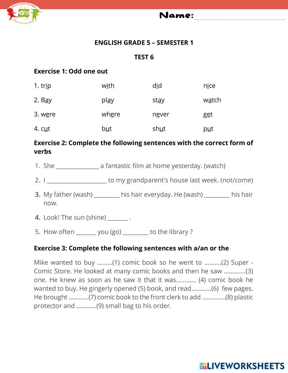 ENGLISH GRADE 5 - SEM1 - TEST 6 | Live Worksheets