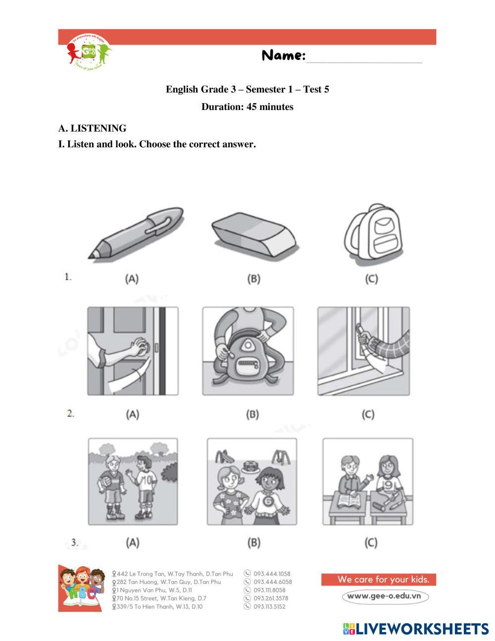 7402887 | ENGLISH GRADE 3 - SEM 1 - TEST 5 | Do Tran Thuy