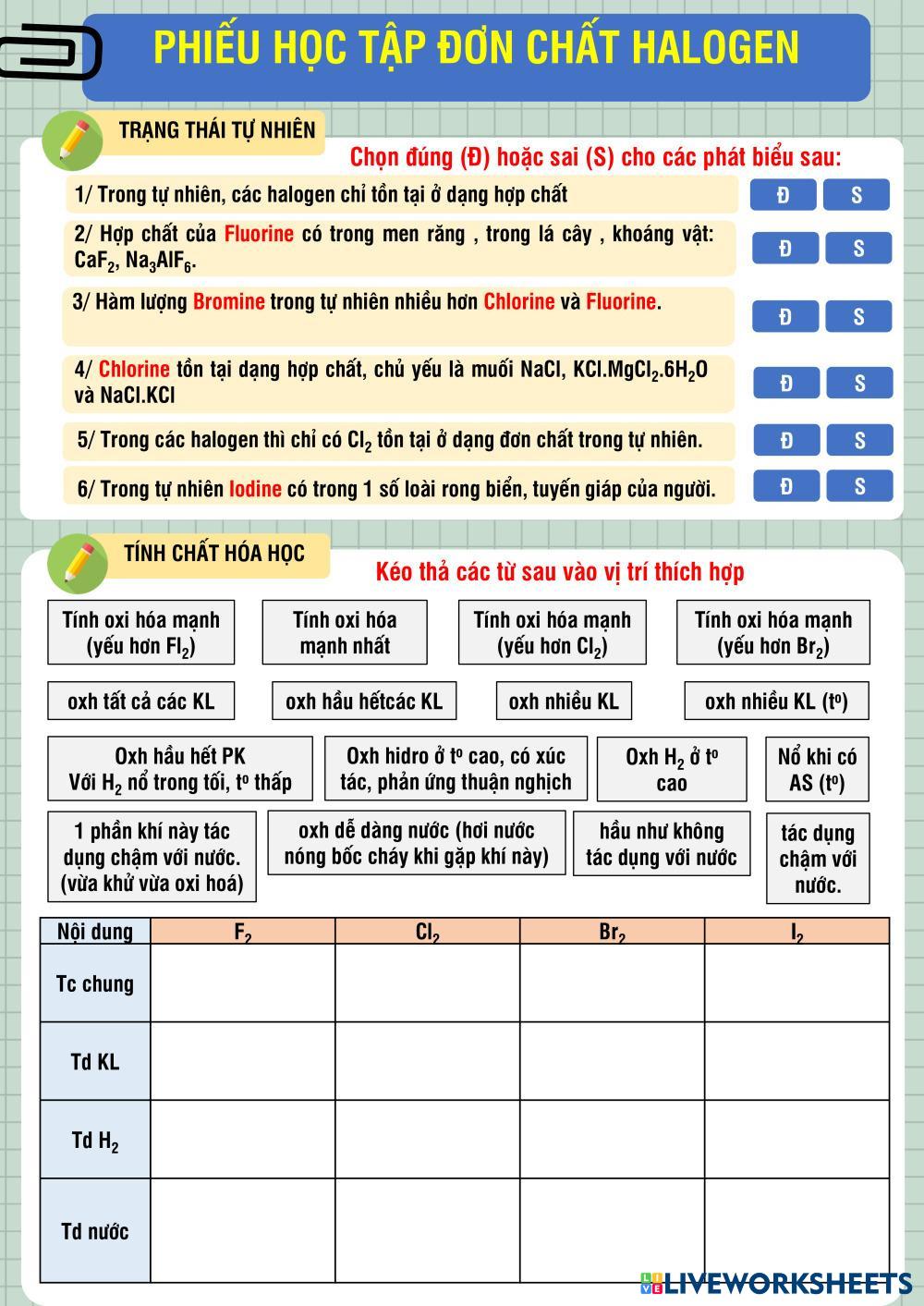 7406571 | ĐƠN CHẤT HALOGEN | Mai Hà | LiveWorksheets