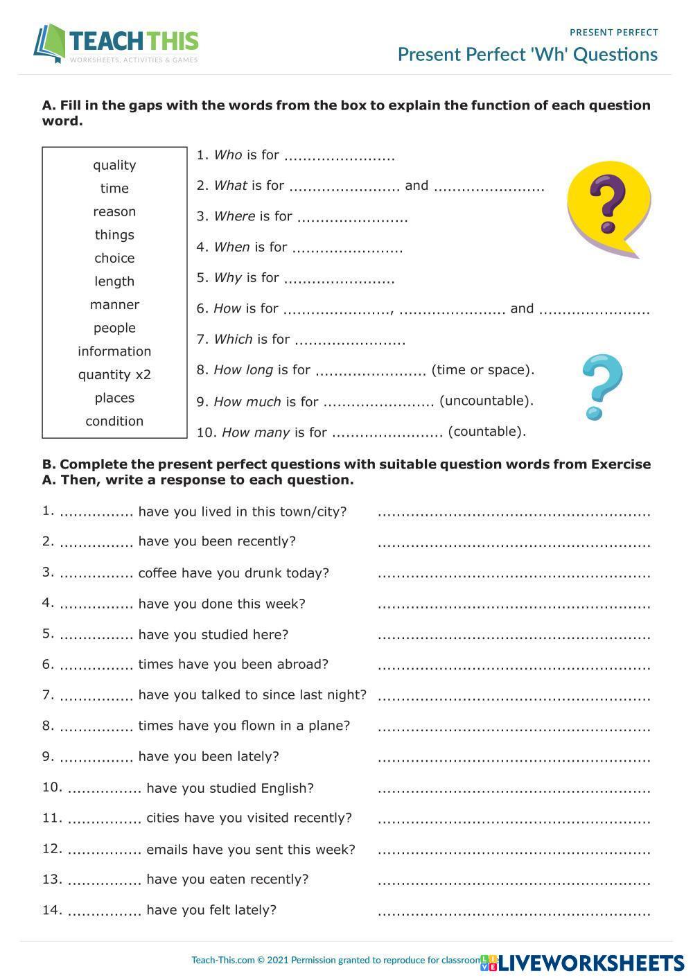 PRESENT PERFECT Wh-Questions | Live Worksheets