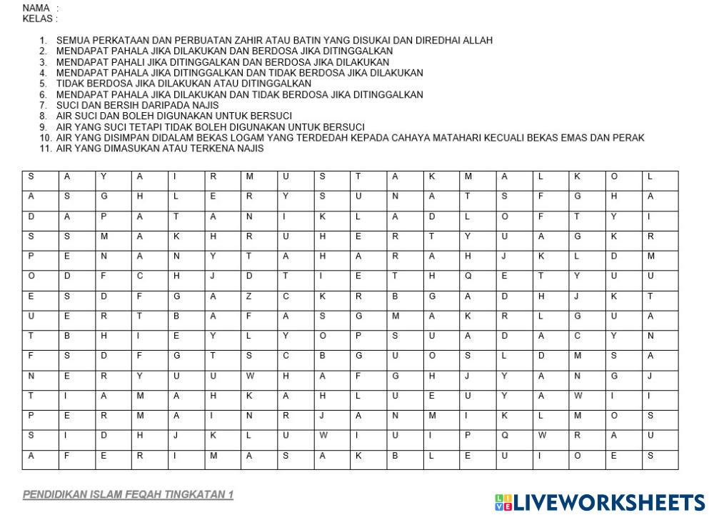 ISTILAH FEQAH 1 TINGKATAN 1 ISLAM | Live Worksheets
