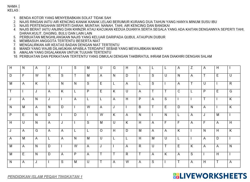 ISTILAH FEQAH 2 TINGKATAN 1 PENDIDIKAN ISLAM | Live Worksheets