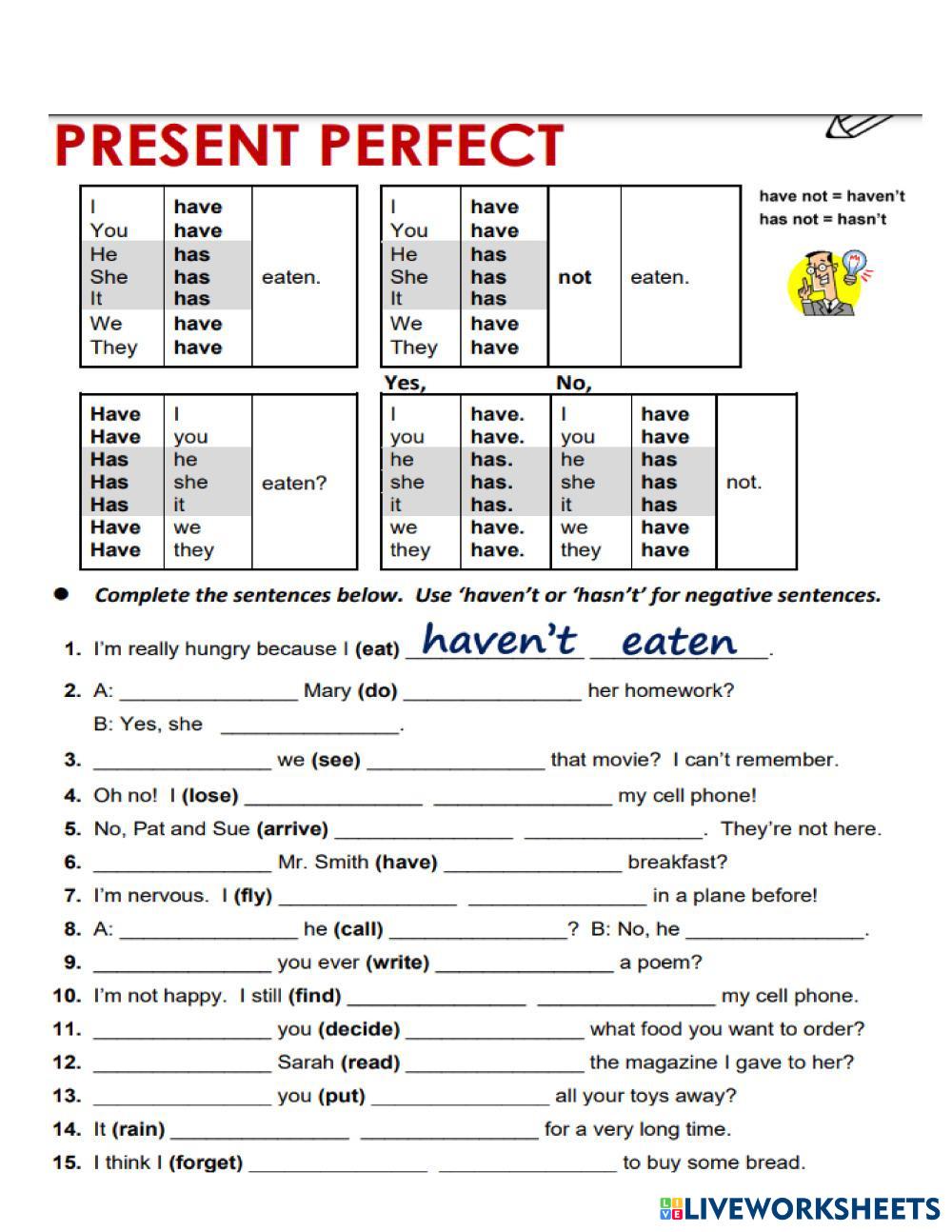 Present Perfect | Free Interactive Worksheets | 7412902