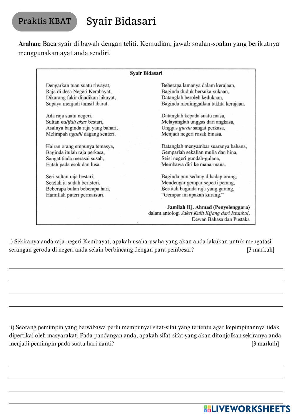 Syair Bidasari | Live Worksheets