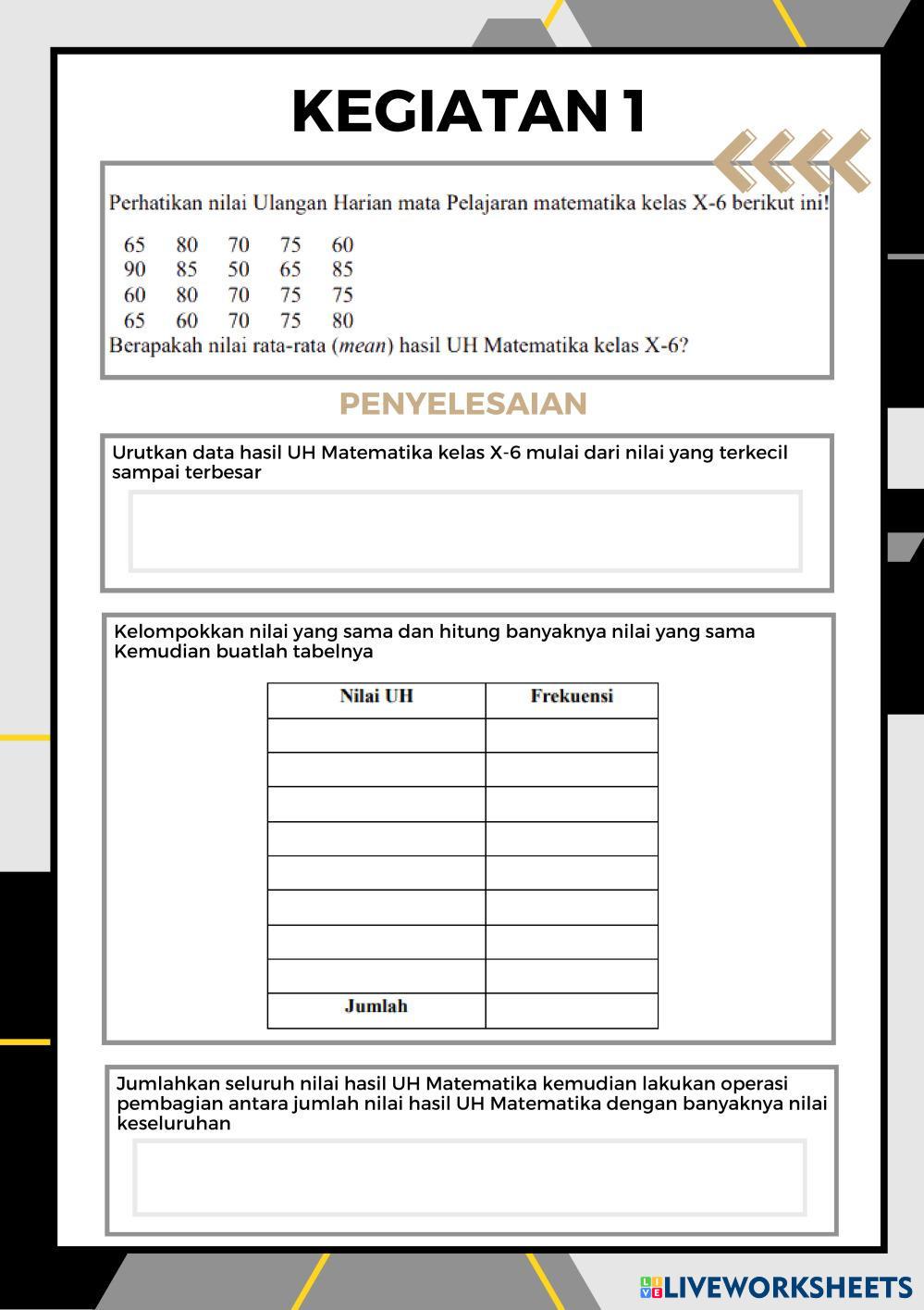 MEAN, MEDIAN, DAN MODUS DATA TUNGGAL | Live Worksheets