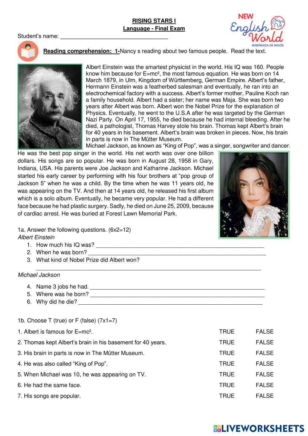 Final Exam-Rising Stars 1 | Live Worksheets