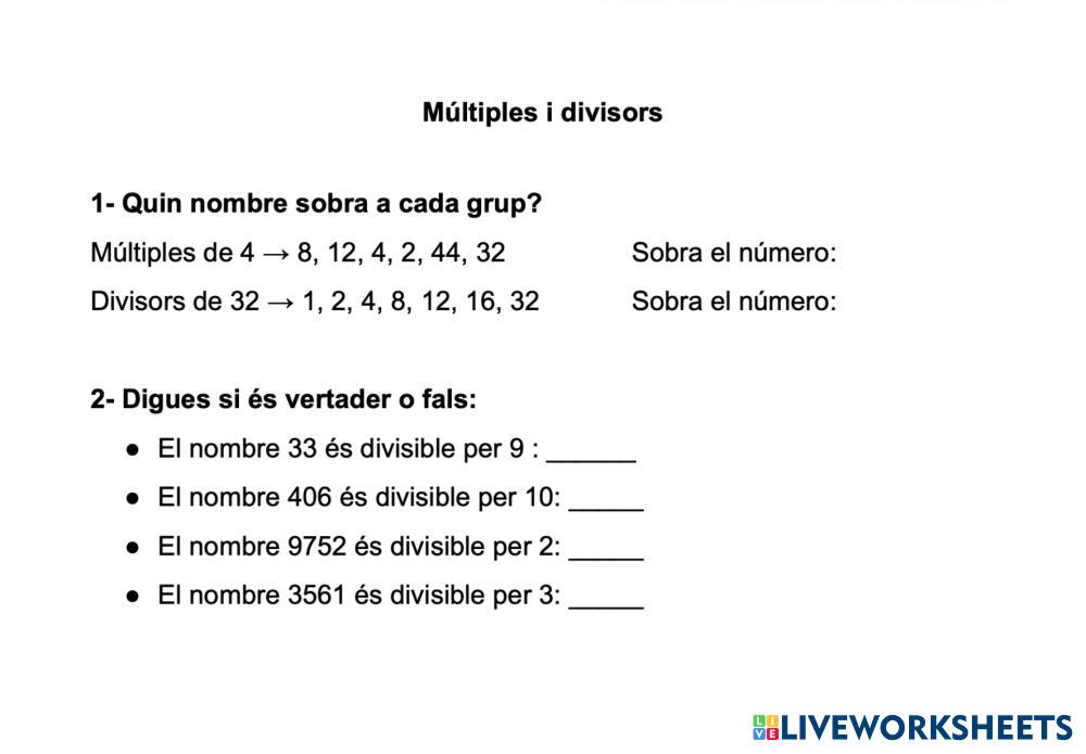 Múltiples i divisors | Live Worksheets