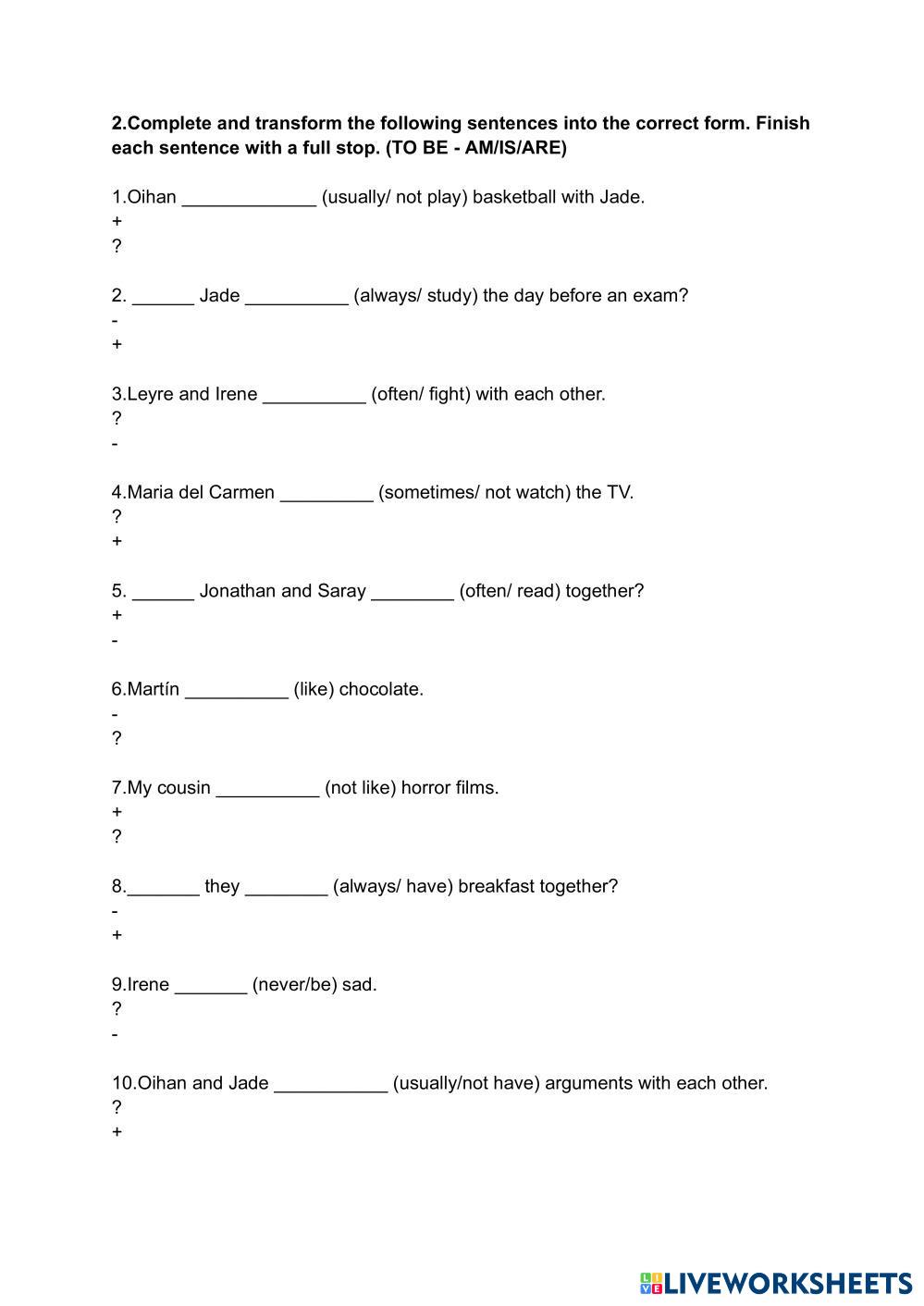 Present simple: Adverbs of frequency and like + ing | Live Worksheets