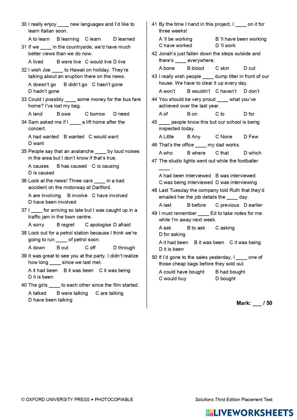 placement test … | Free Interactive Worksheets | 7420428