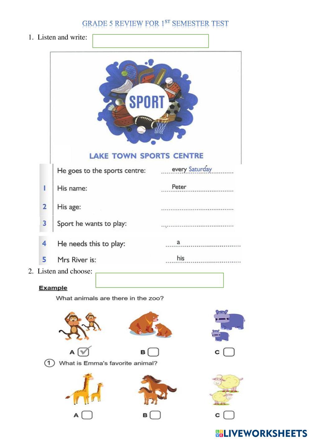 grade 5 review 1st semester test | Live Worksheets