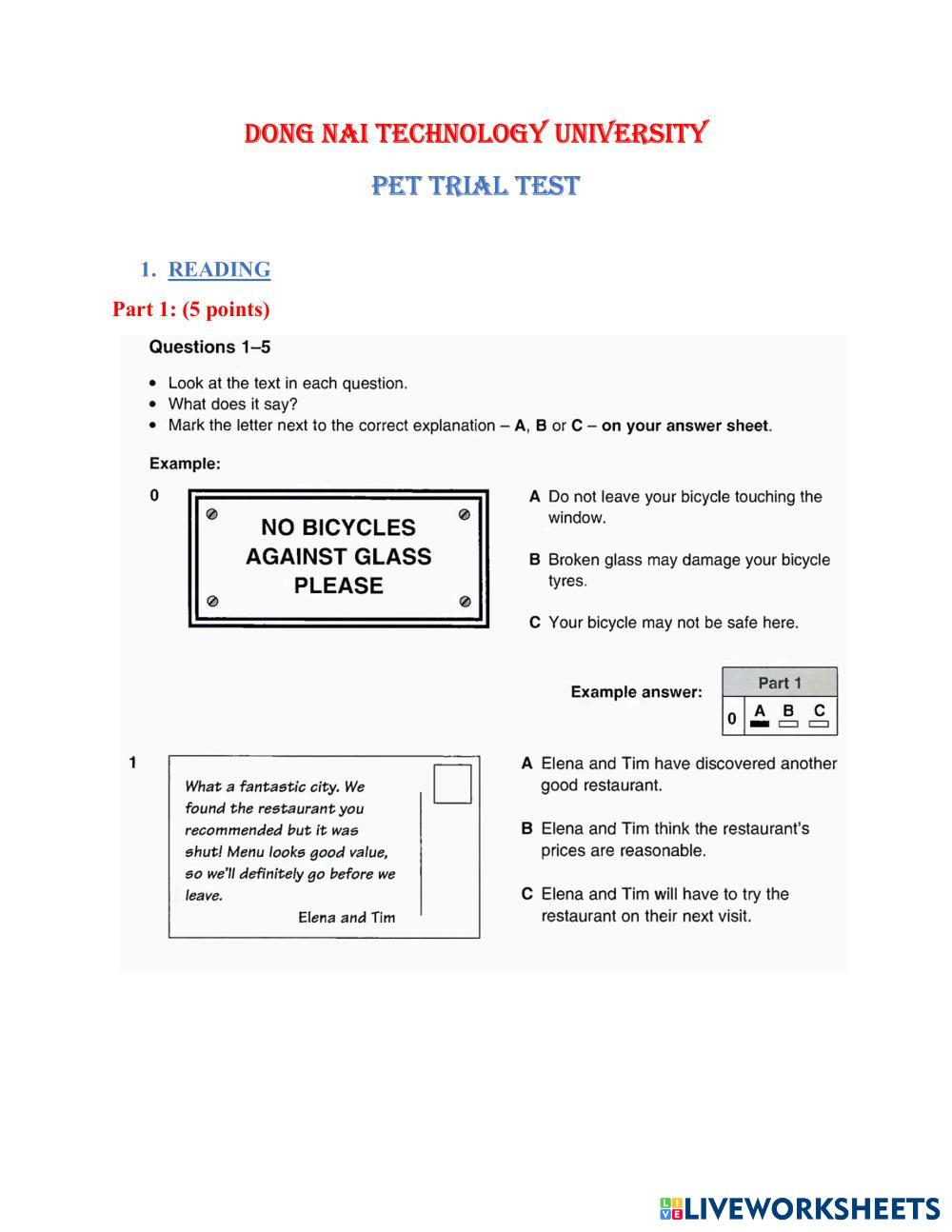 TRIAL TEST - READING | Live Worksheets