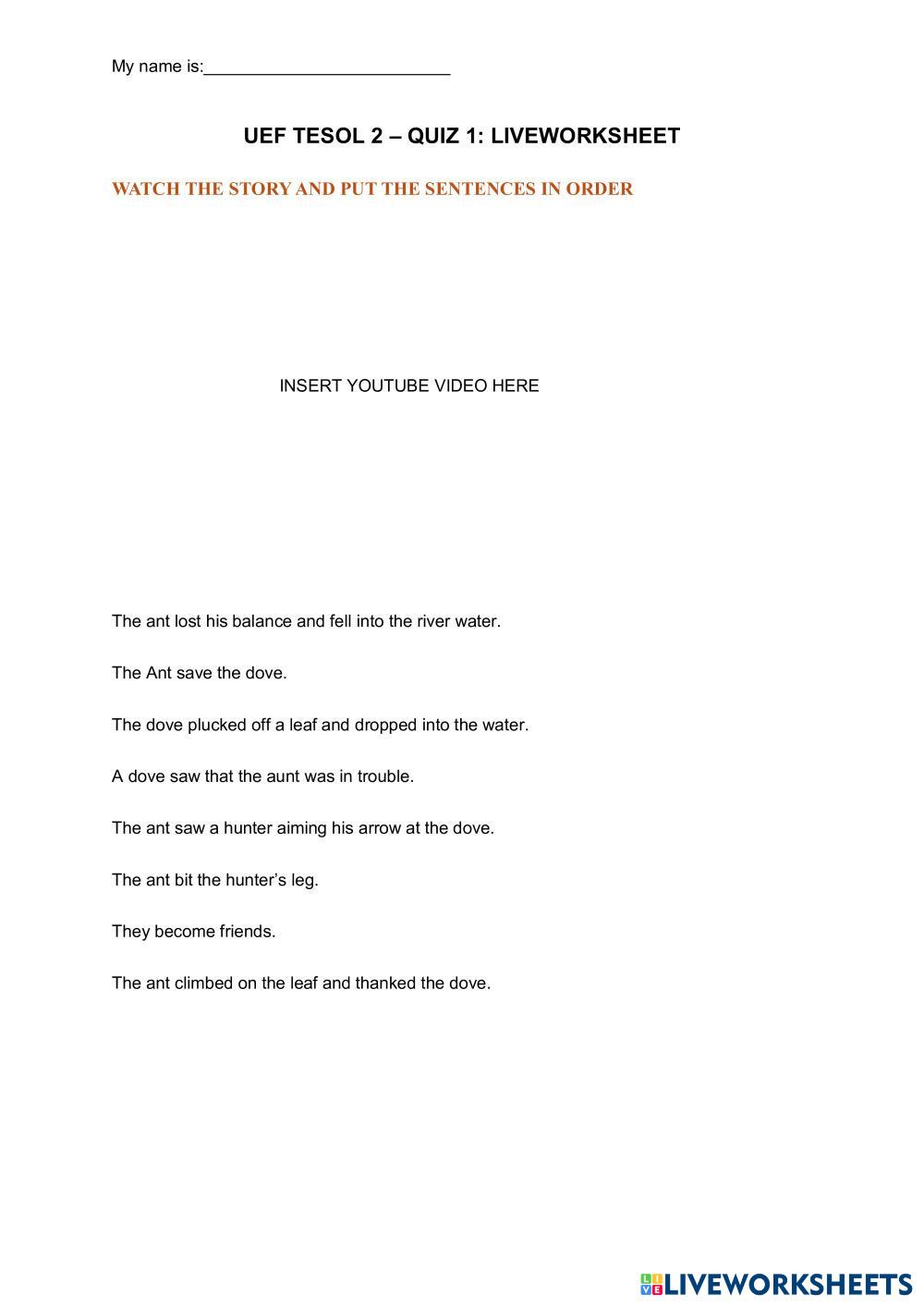 UEF TESOL 2 – QUIZ 1: LIVEWORKSHEET | Live Worksheets