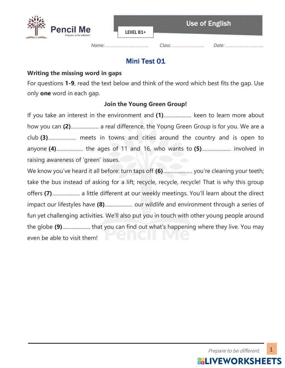 Use of English_Mini Test 01 | Live Worksheets