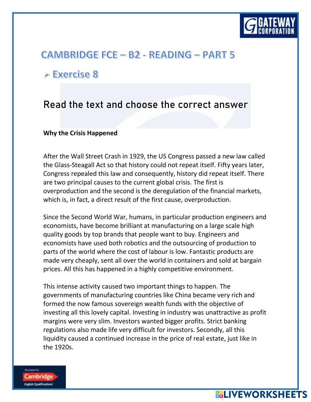Gateway pro | CAMBRIDGE FCE – B2 - READING – PART 5