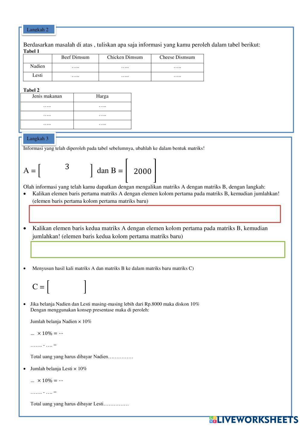 LKPD Perkalian Matriks | Live Worksheets