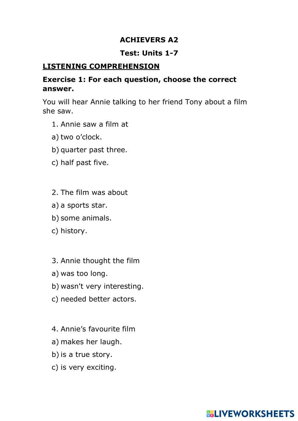 ACHIEVERS A2 Te… | Free Interactive Worksheets | 7459123