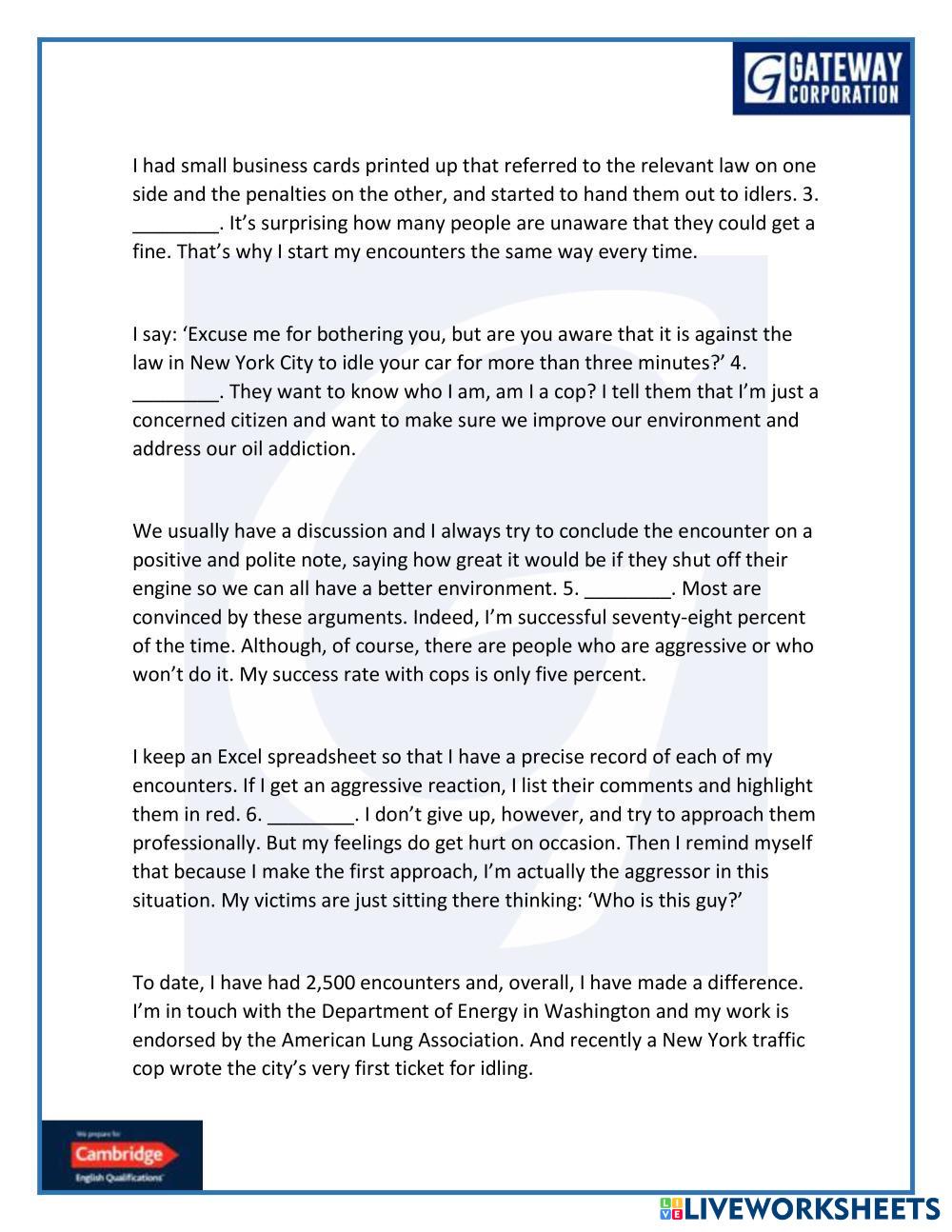 7459122 | CAMBRIDGE FCE – B2 - READING – PART 6