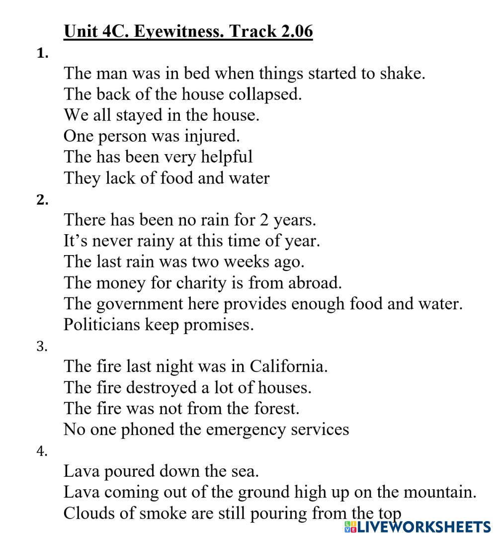 Unit 4C. Eyewitness. Track 2.06 True - False | Live Worksheets