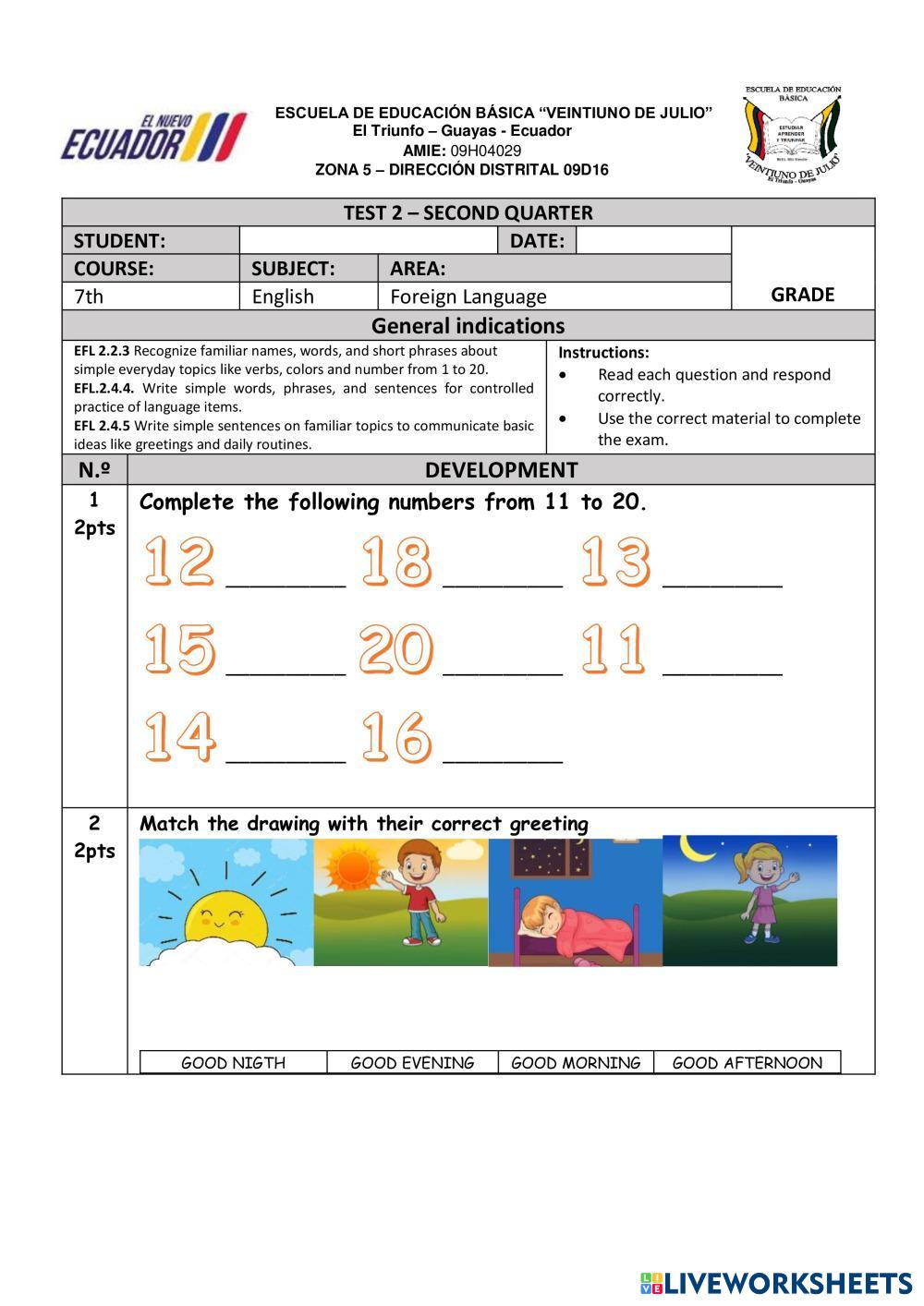 English Test - 7th grade | Live Worksheets