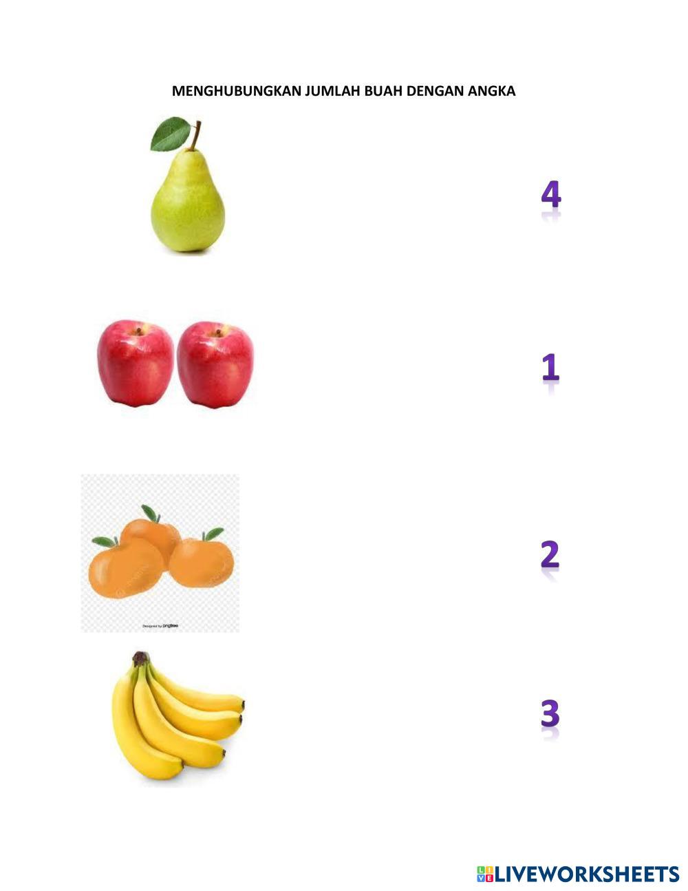 menghubungkan jumlah buah dengan angka | Live Worksheets