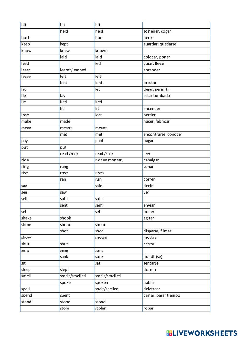 Irregular Verbs | Live Worksheets