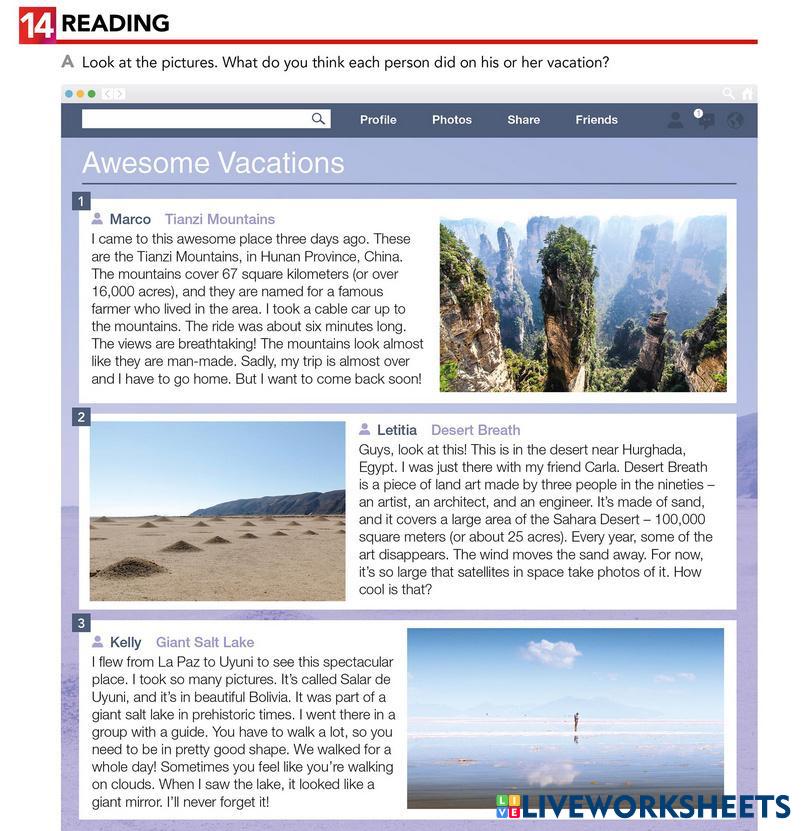 7469923 | Unit 7: Awesome Vacation (Reading Skills)