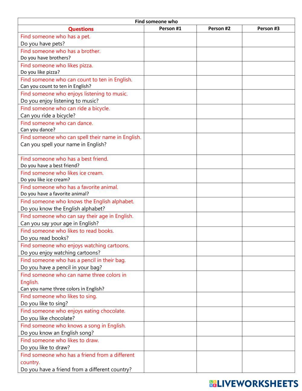Find someone who | Live Worksheets
