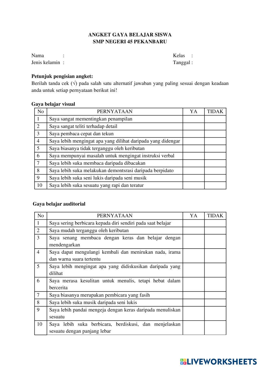 Angket Gaya Belajar Siswa | Live Worksheets