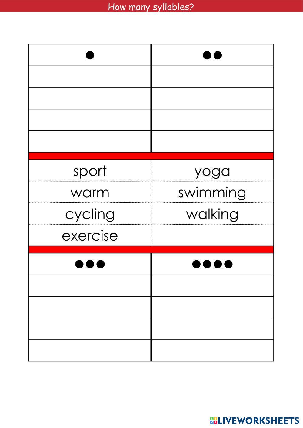 Exercise Syllables | Live Worksheets