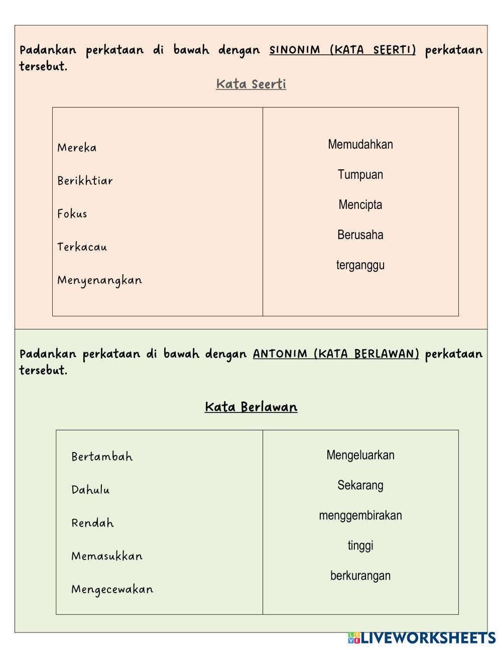 Antonim dan Sinonim | Live Worksheets