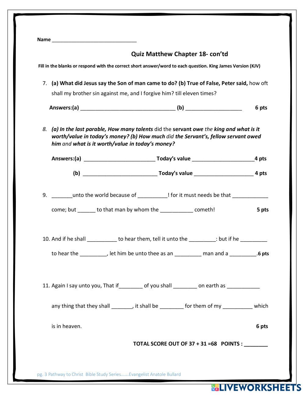 Pathway to Christ Bible Study Series Matthew Chapter 18 Quiz KJV | Live ...