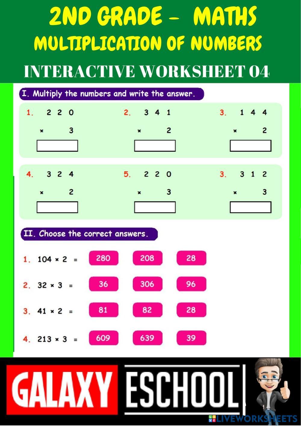 2nd-maths-ps04- multiplication of numbers - ch 07-Galaxy | Live Worksheets
