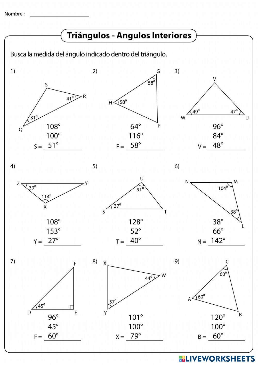 Cálculo de ángulos de un triángulo | Live Worksheets