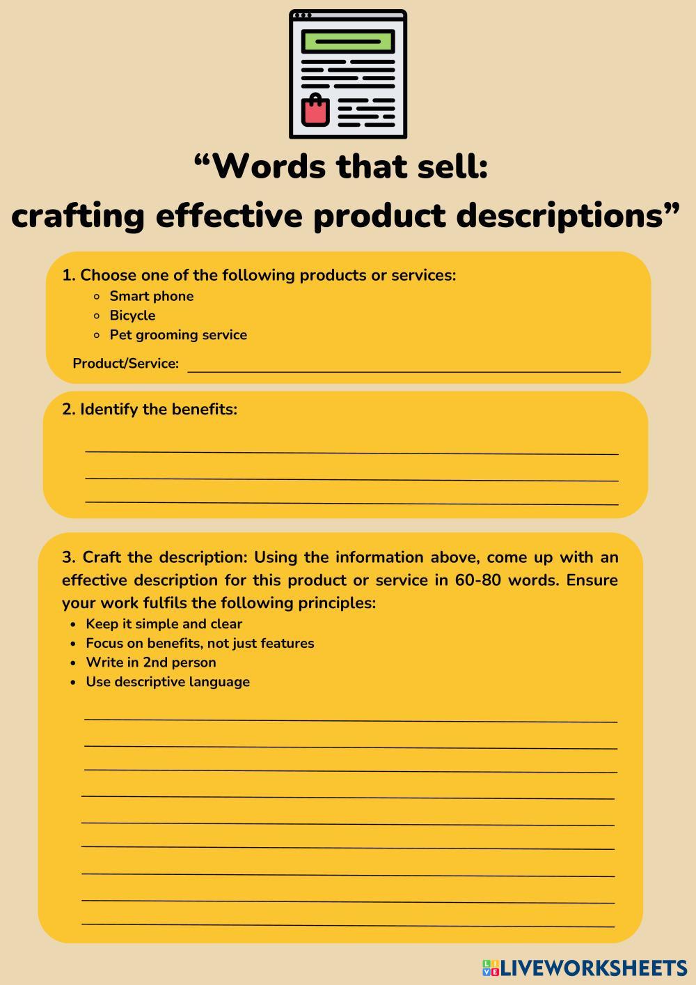 Words that Sell: Crafting Effective Product Descriptions | Live Worksheets