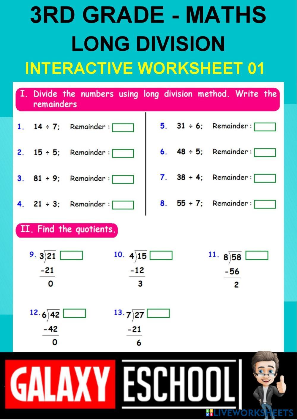 3rd-maths-ps01-long division - ch 05-Galaxy | Live Worksheets
