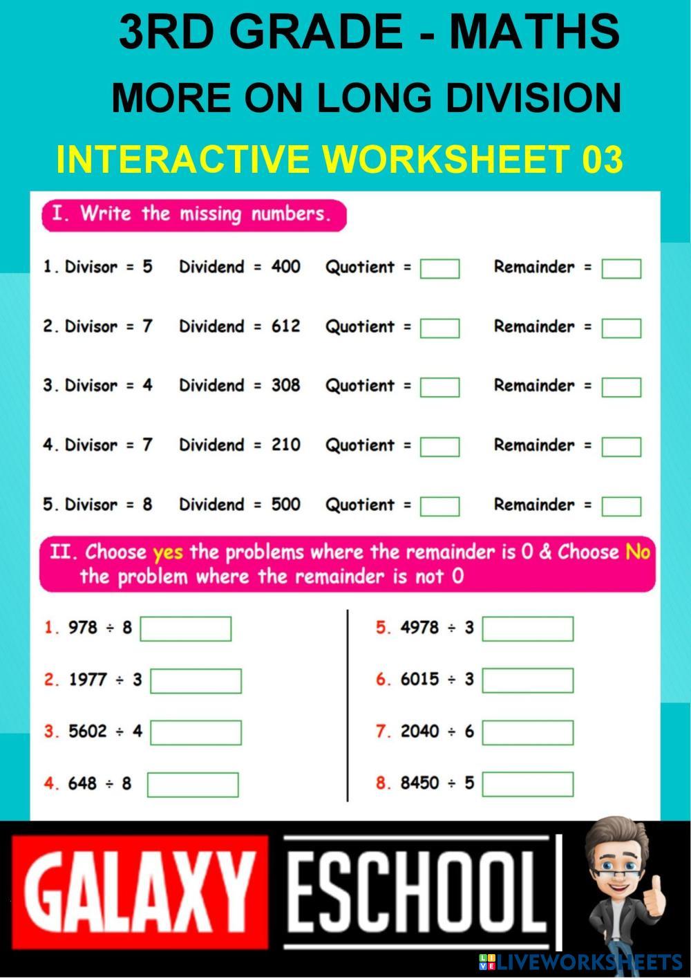 3rd-maths-ps03- more on long division - ch 01-Galaxy | Live Worksheets