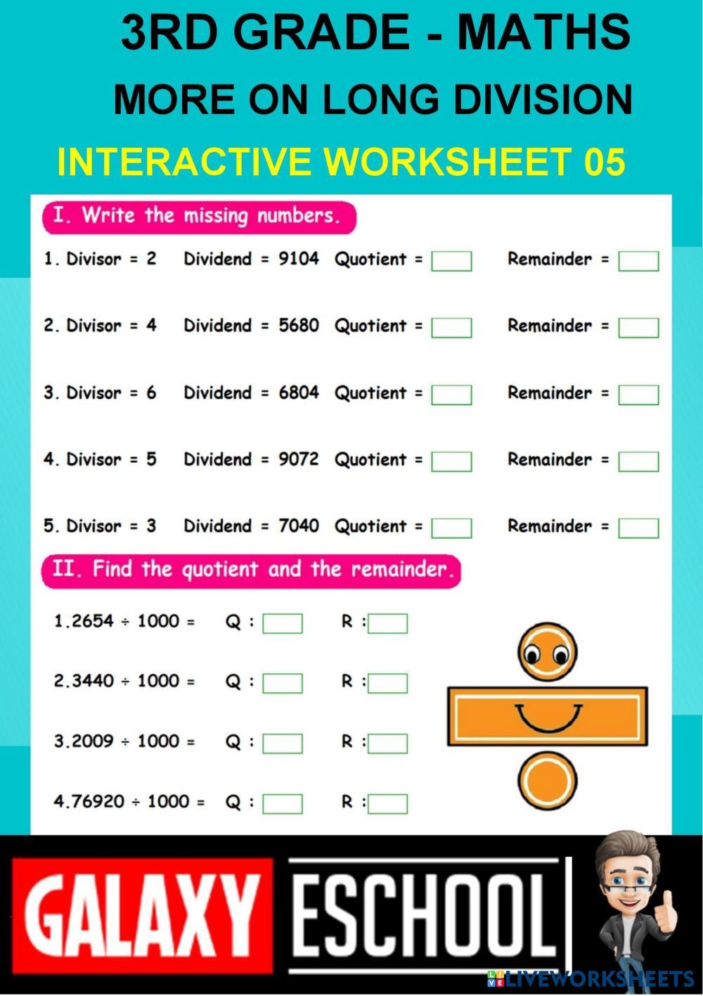 3rd-maths-ps05- more on long division - ch 01-Galaxy | Live Worksheets