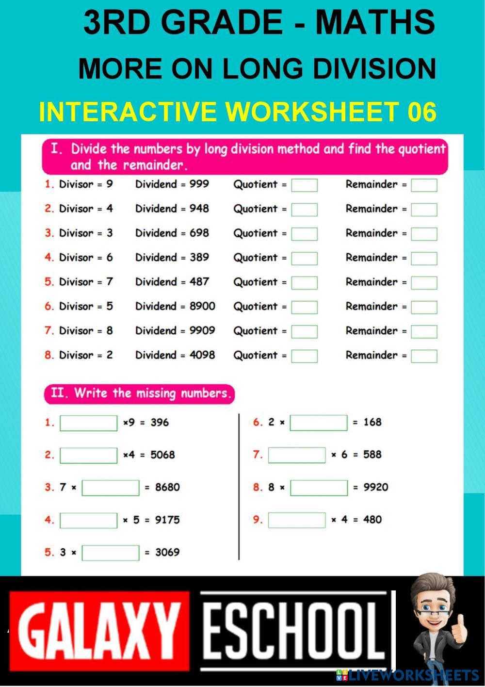 3rd-maths-ps06- more on long division - ch 01-Galaxy | Live Worksheets