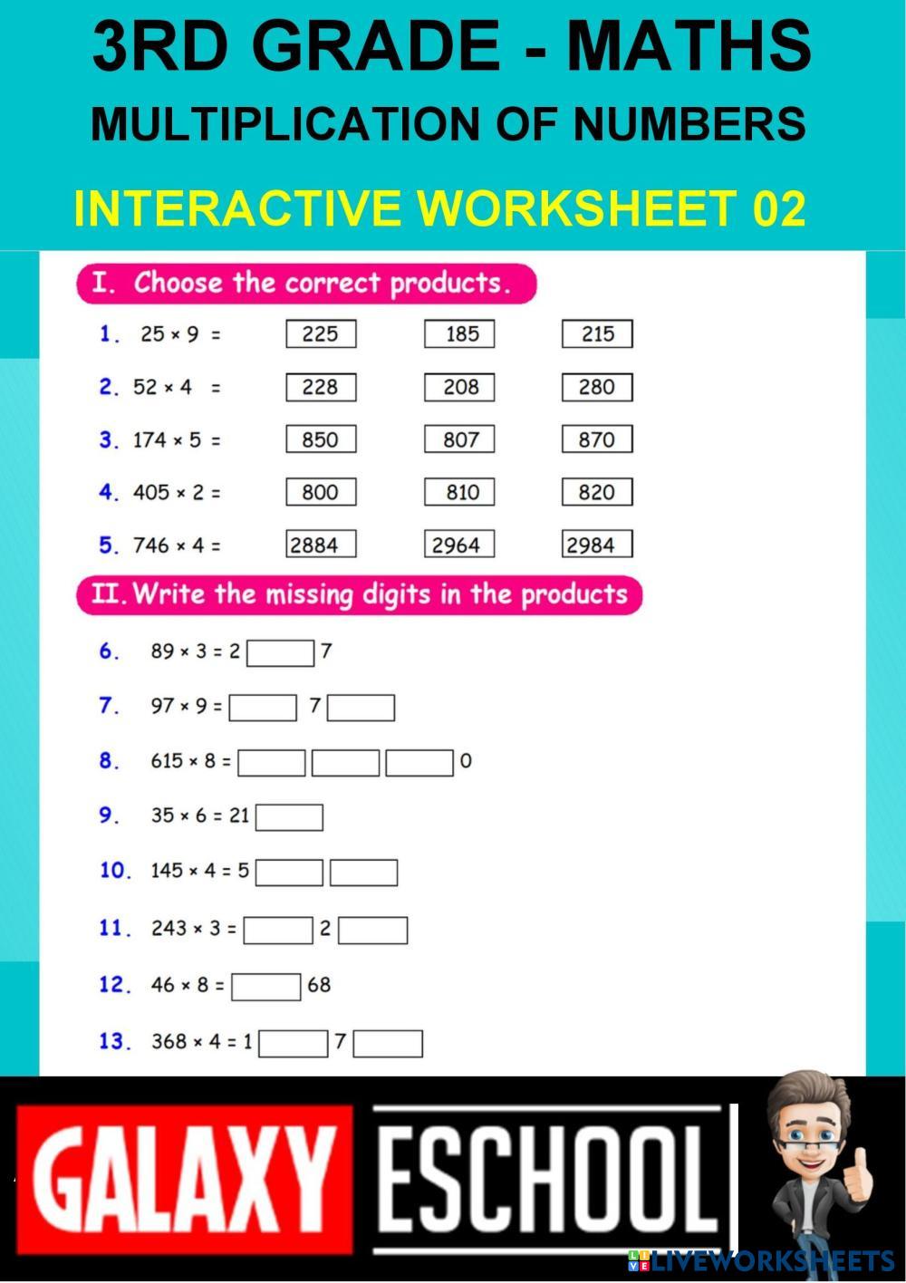 3rd-maths-ps02-multiplication of numbers-Galaxy | Live Worksheets