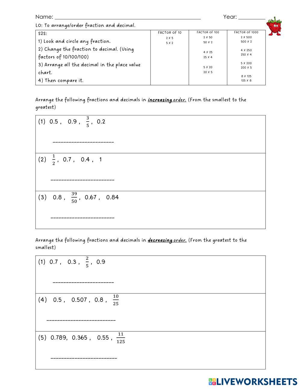 Arrange the decimal number | Live Worksheets
