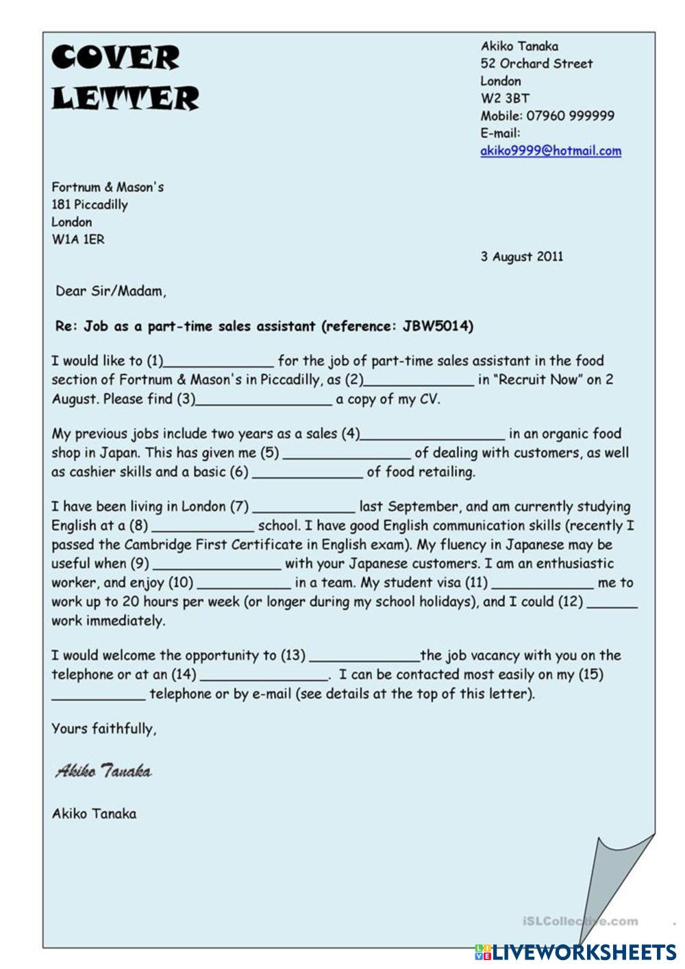 Application Let… | Free Interactive Worksheets | 7123588